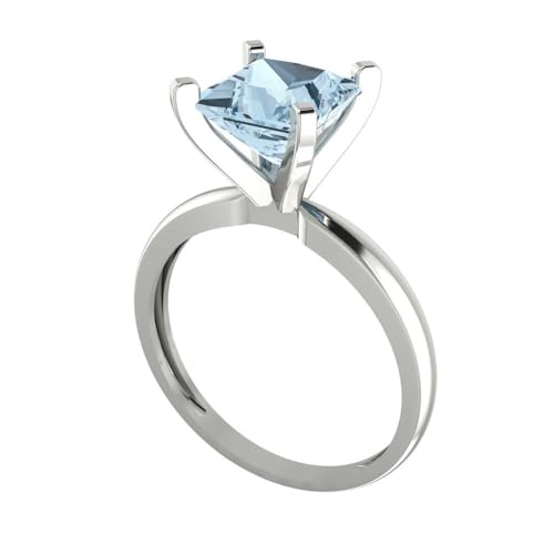 Clara Pucci 2.0 ct Princess Cut Solitaire Natural Aquamarine Engagement Wedding Bridal Promise Anniversary Ring 18K White Gold Size 3.75