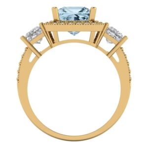 Clara Pucci 2.93 ct Cushion Cut Halo Solitaire 3 stone Natural Aquamarine Engagement Promise Anniversary Bridal Ring 18K Yellow Gold 7.25