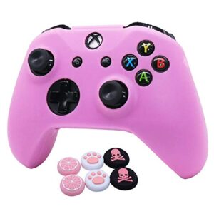 pink skins ralan,silicone controller cover skin protector compatible for xbox one s/x controller (pink pro thumb grip x 2,cat + skull cap &cover grip x 2)