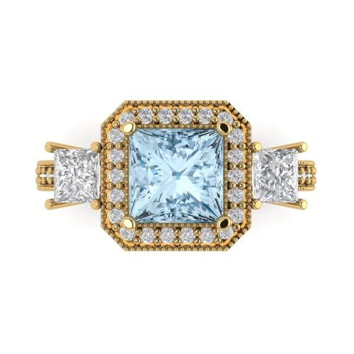 Clara Pucci 2.93 ct Cushion Cut Halo Solitaire 3 stone Natural Aquamarine Engagement Promise Anniversary Bridal Ring 18K Yellow Gold 7.25