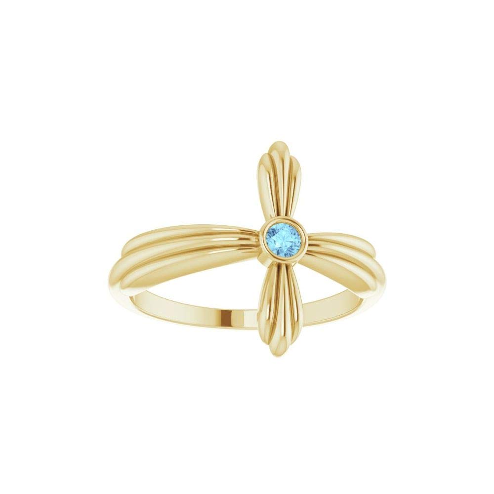 Solid 14k Yellow Gold Solitaire Aquamarine Sideways Cross Crucifix Ring Band (Width = 15.7mm) - Size 6