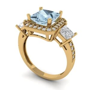 Clara Pucci 2.93 ct Cushion Cut Halo Solitaire 3 stone Natural Aquamarine Engagement Promise Anniversary Bridal Ring 18K Yellow Gold 7.25