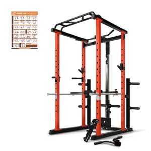 ritfit power cage with lat pull down and 360° landmine, 1000lb capacity power rack full home gym for weightlifting, come with j-cups,dip bars and other attachments (2023 version ppc02)-orange