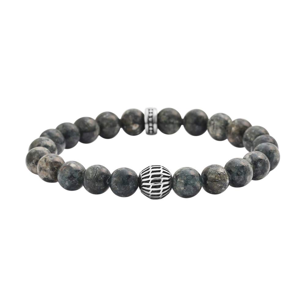 Geoffrey Beene Natural Stone Elastic 9mm Beaded Bracelet with Black Good Fortune Piece (Grey)