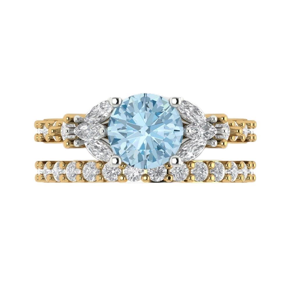 Clara Pucci 2.72ct Round cut Solitaire 3 stone Natural Aquamarine Engagement Promise Anniversary Bridal Ring Band set 18K 2 tone Gold 7