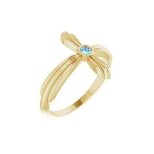 solid 14k yellow gold solitaire aquamarine sideways cross crucifix ring band (width = 15.7mm) - size 6