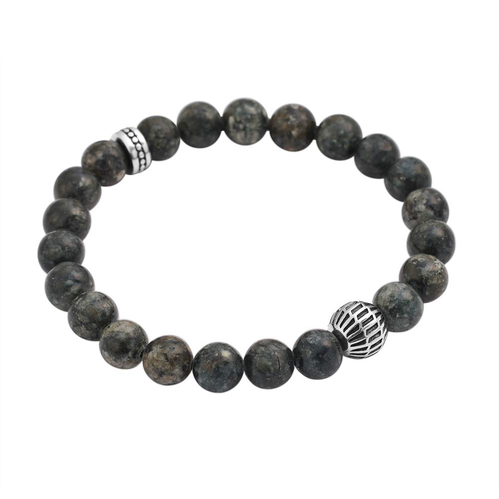 Geoffrey Beene Natural Stone Elastic 9mm Beaded Bracelet with Black Good Fortune Piece (Grey)