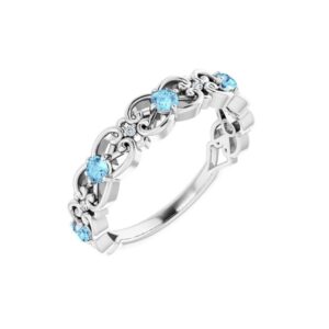 solid 925 sterling silver aquamarine and .02 cttw diamond vintage-inspired scroll ring band (width = 80mm) - size 7.5