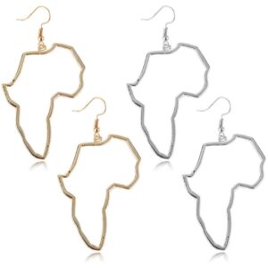 2 pairs unique vintage hollow gold silver african map dangle earrings ethnic style african drop earrings for women bohemia style jewelry (gold+silver)