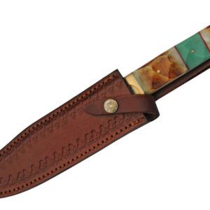 Szco Supplies 13"" Bone/Turquoise Handle Damascus Steel Bowie Blade Knife with Sheath, brown/turquoise (DM-1256)