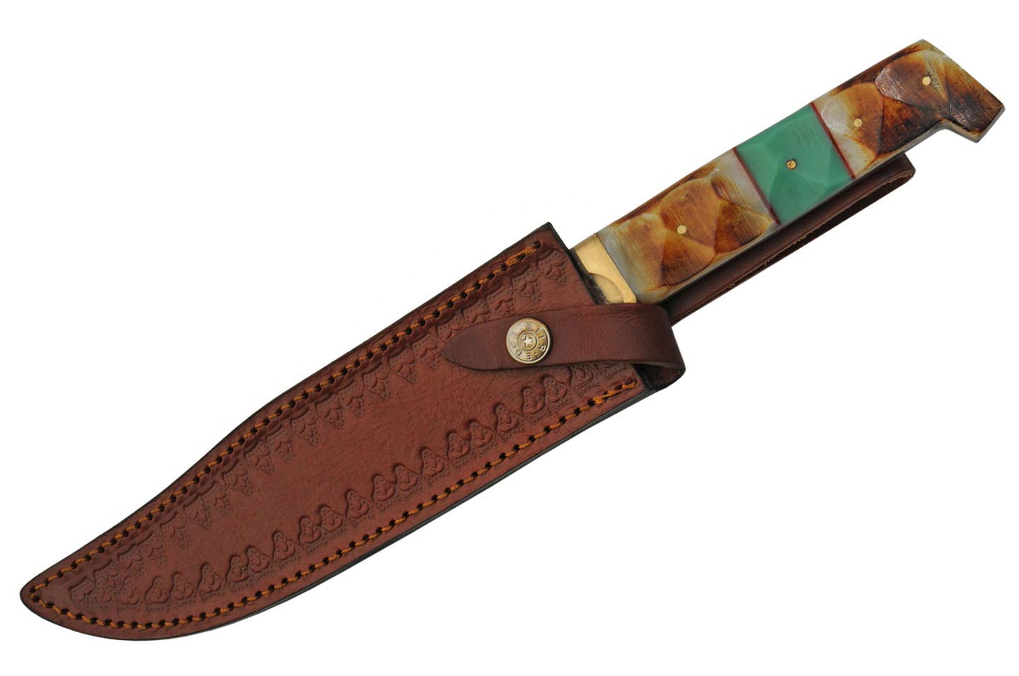 Szco Supplies 13"" Bone/Turquoise Handle Damascus Steel Bowie Blade Knife with Sheath, brown/turquoise (DM-1256)