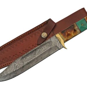 Szco Supplies 13"" Bone/Turquoise Handle Damascus Steel Bowie Blade Knife with Sheath, brown/turquoise (DM-1256)