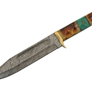 Szco Supplies 13"" Bone/Turquoise Handle Damascus Steel Bowie Blade Knife with Sheath, brown/turquoise (DM-1256)