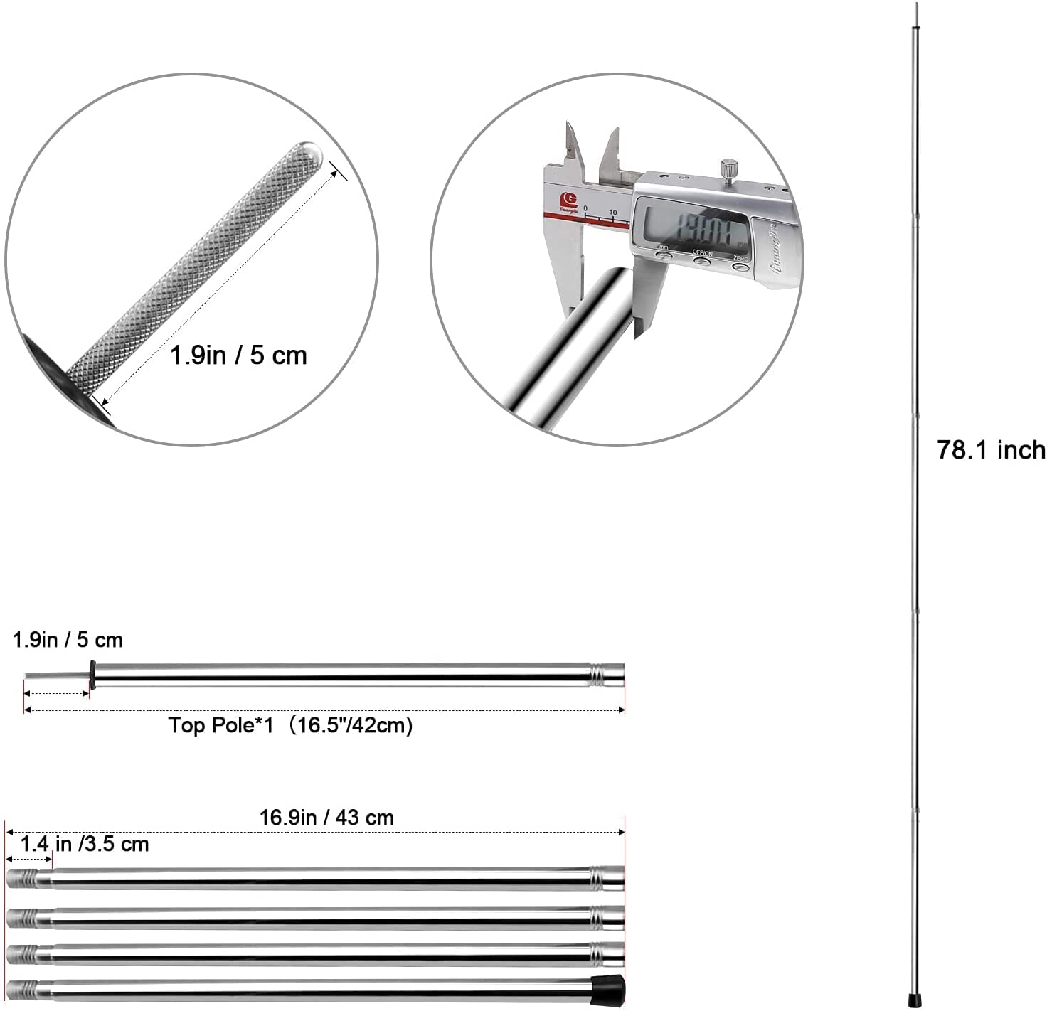 KOMCLUB Tent Poles Adjustable Tarp Poles Heavy Duty Stainless Steel Camping Poles Lightweight 78" Collapsible Canopy Pole for Tarp Telescoping Tent Poles for Awning Hiking Tarp Shelter Set of 2