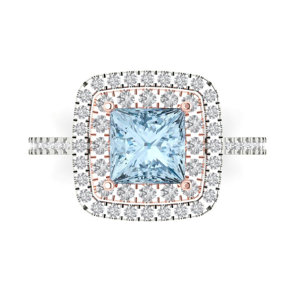 Clara Pucci 2.36 ct Princess Cut Halo Solitaire Genuine Natural Aquamarine Engagement Promise Anniversary Bridal Ring 18K 2 tone Gold 4