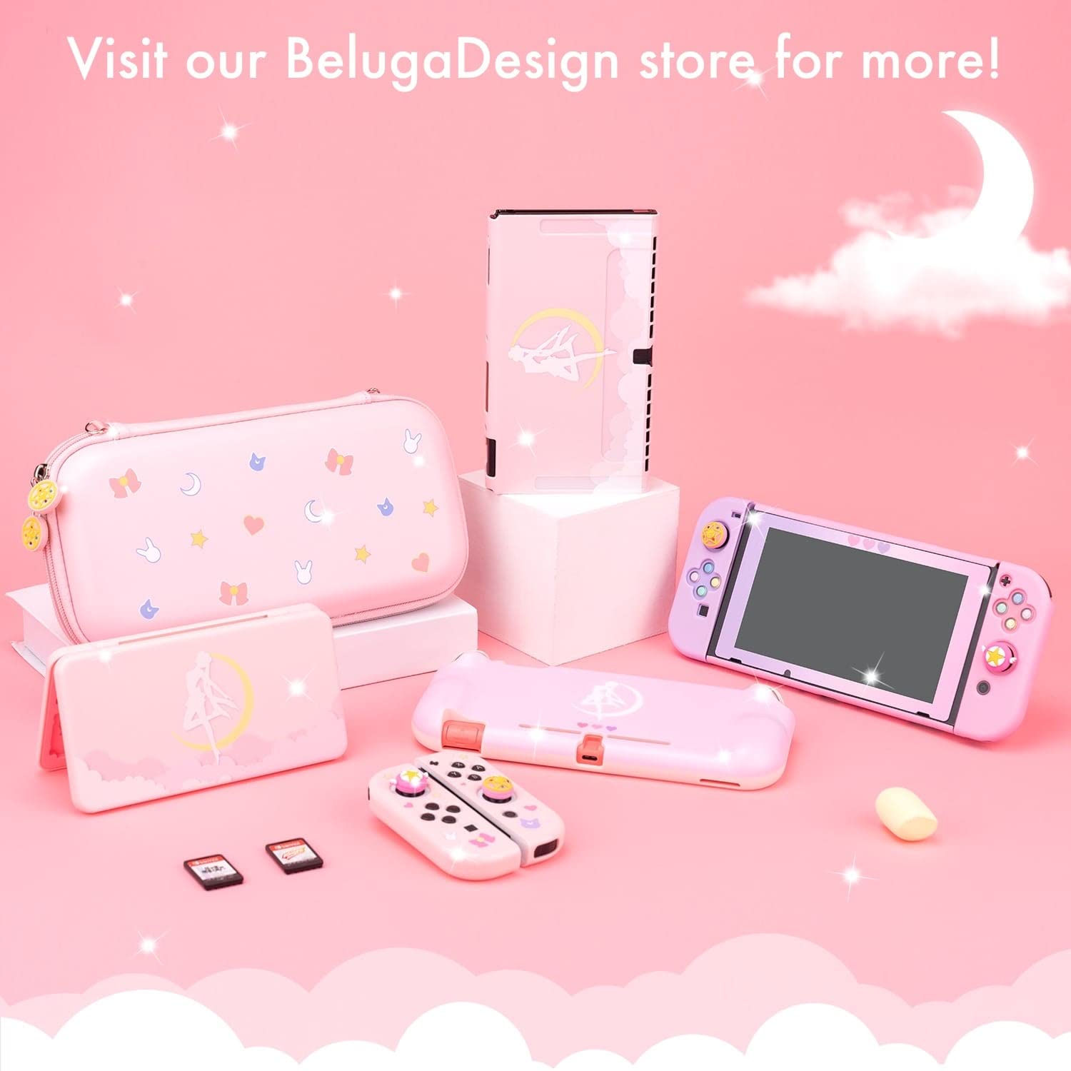 BelugaDesign Moon Switch Carrying Case | Pastel Hard Travel Shell Compatible with Nintendo Switch Standard Lite OLED | Cute Moon Silhouette Heart Magic Bow Design (Pink)