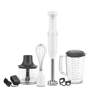 kitchenaid cordless variable speed hand blender with chopper and whisk attachment - khbbv83, white