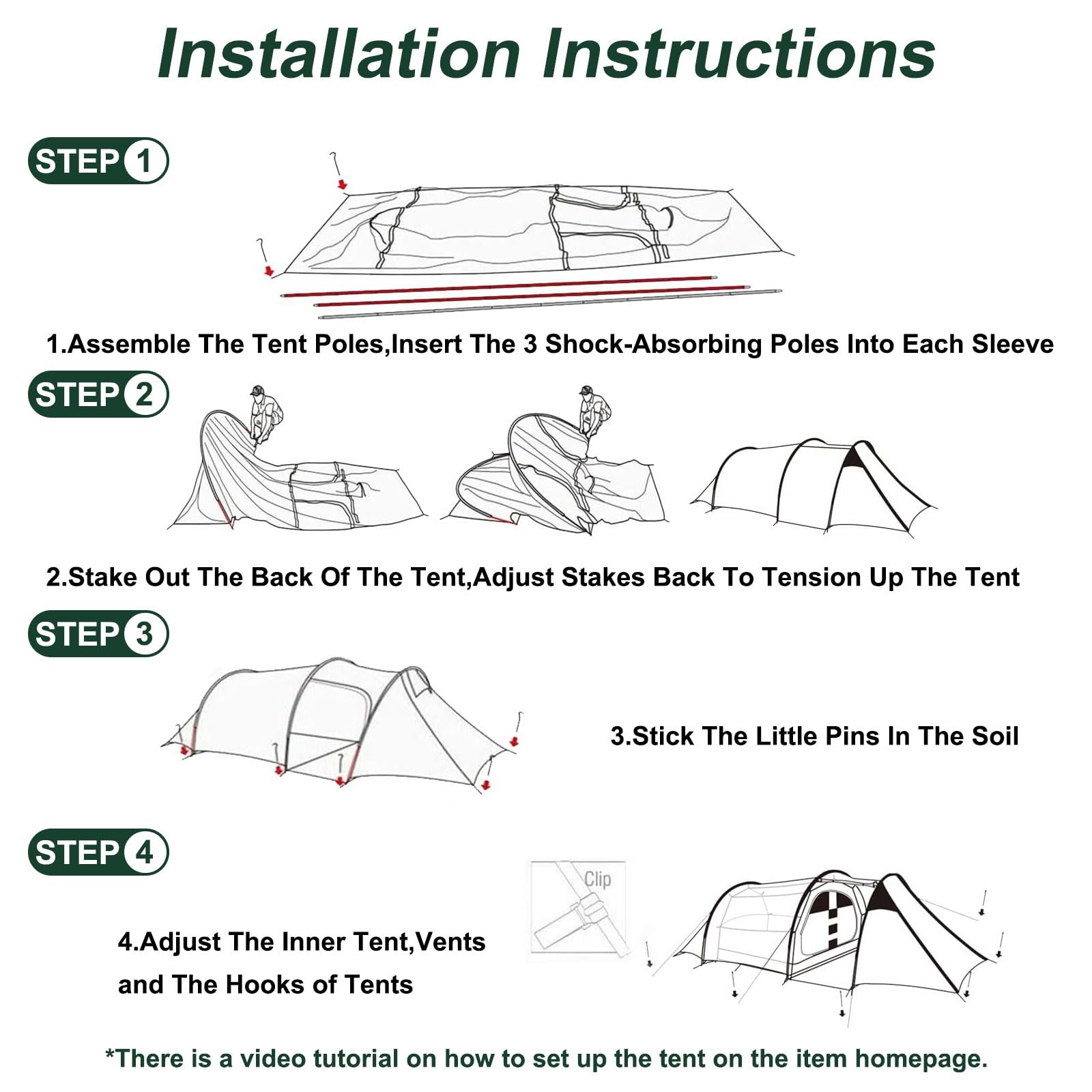 4 Person Tents for Camping, Ayamaya Tunnel Tent Camping with Vestibule 3-4 Person Waterproof, 2 Devided Rooms Bicycle Tent with Footprint for Bikepacking/Motorcycle Travel Hiking Mountaineering