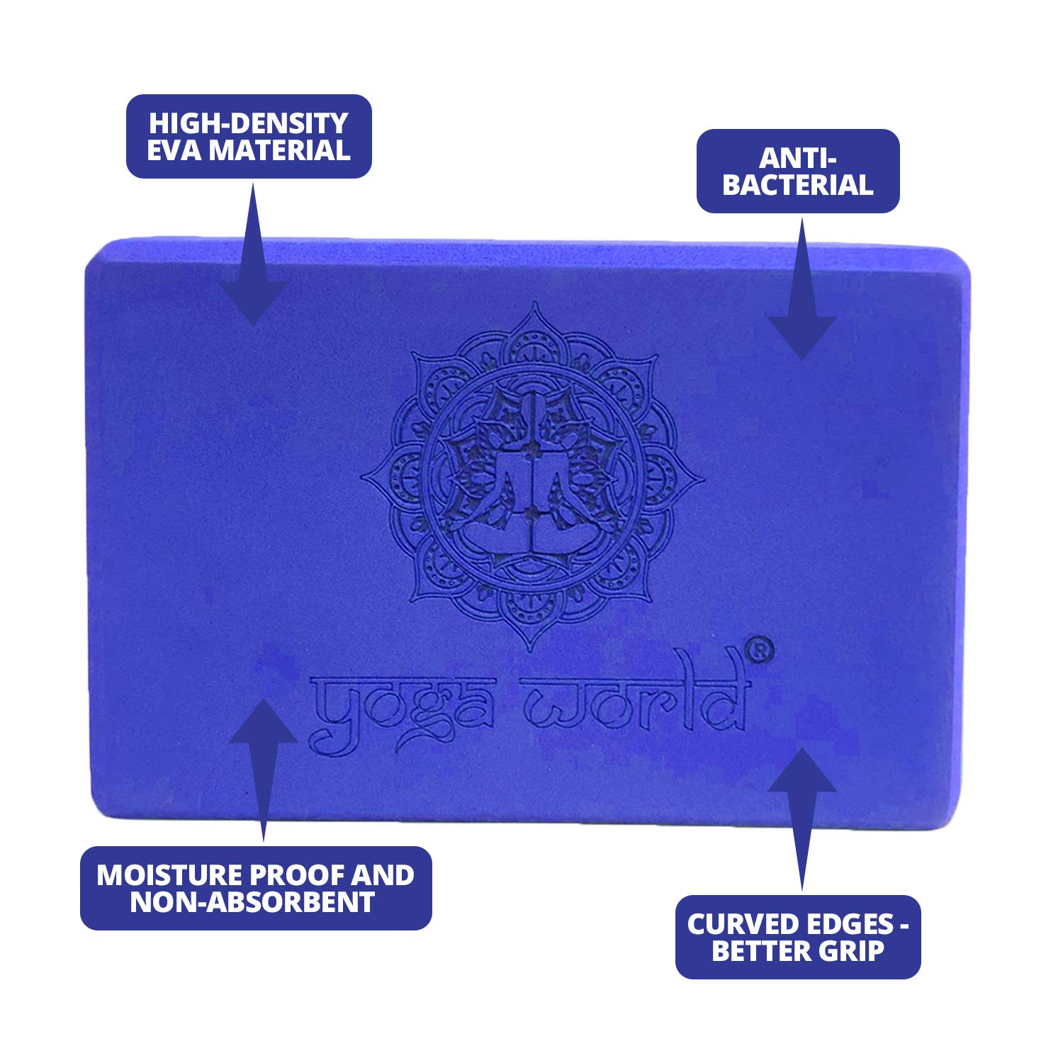 Yoga World EVA Yoga Blocks High Density Non-Slip Bricks for Stretching, Pilates, Stability, Fitness - Rounded Edges for Secure Grip Easy-to-Clean Exercise Accessories 180g (Blue)