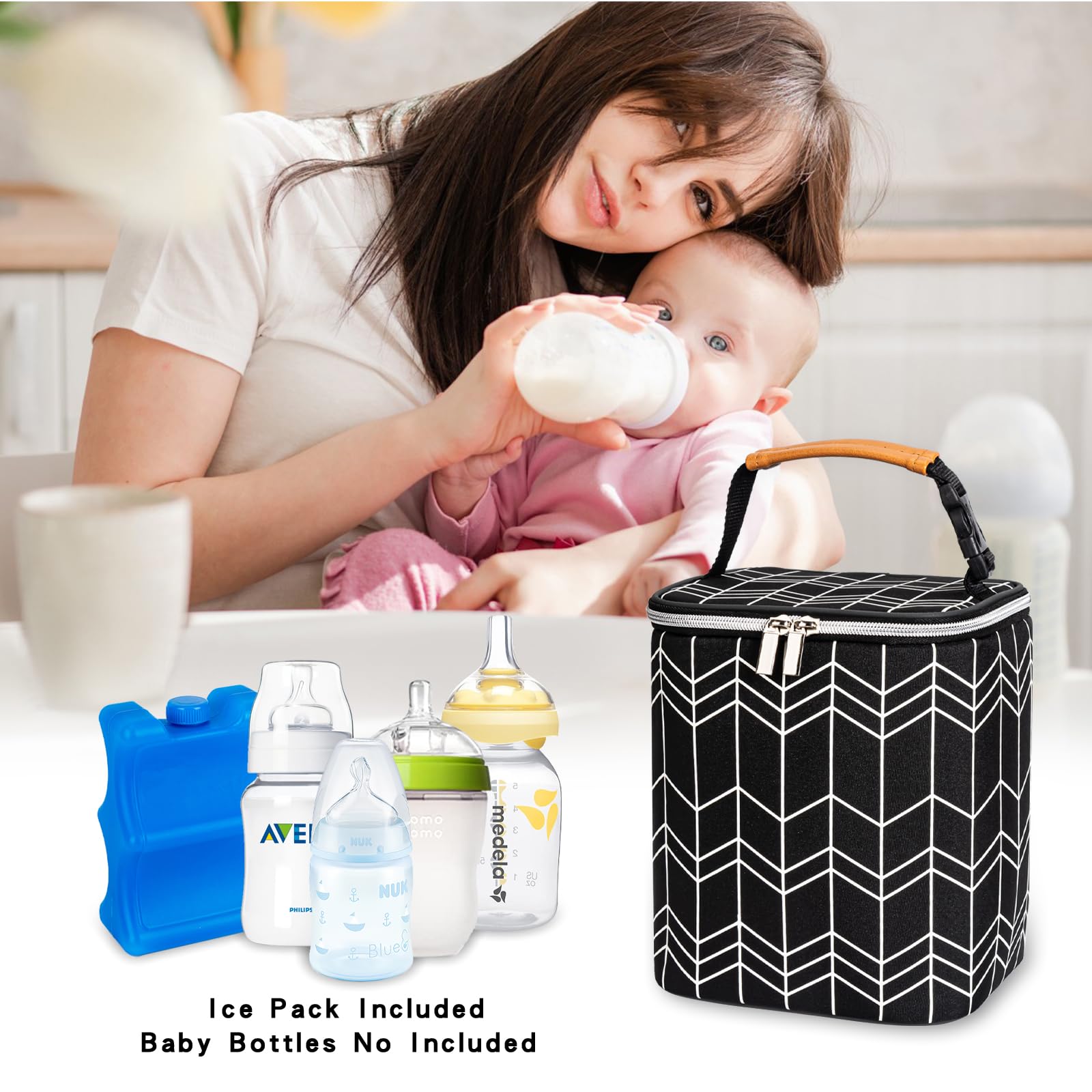 BABEYER BreastMilk Cooler Bag with Ice Pack Fits 4 Baby Bottles Up to 9 Ounce, Baby Bottle Bag Fits for Nursing Mom Daycare, Black