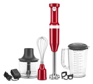 kitchenaid cordless variable speed hand blender with chopper and whisk attachment - khbbv83, empire red, 1 liter