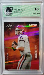 jake fromm 2020 leaf hype! #34 red shimmer 1/1 rookie card pgi 10