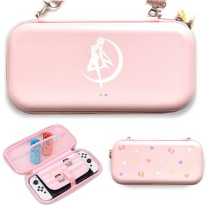 belugadesign moon switch carrying case | pastel hard travel shell compatible with nintendo switch standard lite oled | cute moon silhouette heart magic bow design (pink)