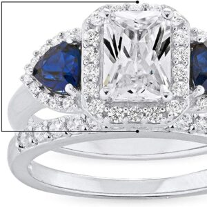 .925 Sterling Silver Radiant Cut Cubic Zirconia & Trillion Cut Lab Created Blue Sapphire Halo Three Stone Engagement and Wedding Ring Set - Size 7