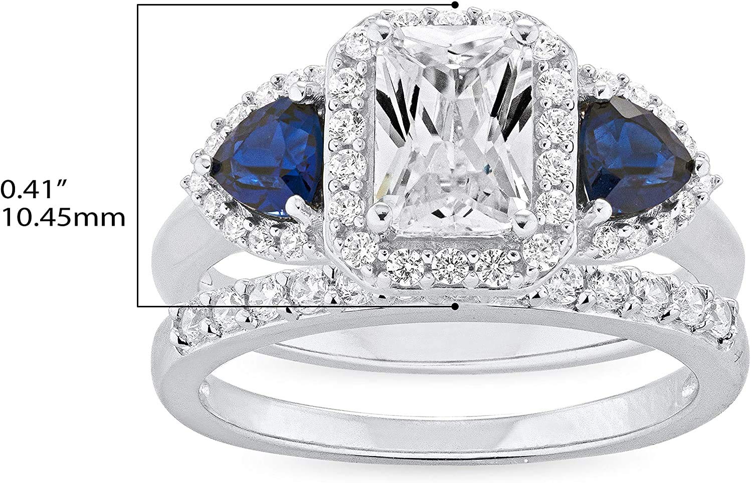 .925 Sterling Silver Radiant Cut Cubic Zirconia & Trillion Cut Lab Created Blue Sapphire Halo Three Stone Engagement and Wedding Ring Set - Size 7