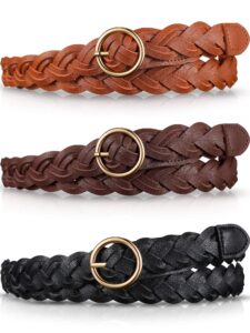 satinior 3 pcs women's braided leather belt skinny woven braided belt o ring buckle leather belt for dress jean skirt pant (black, brown, light brown)