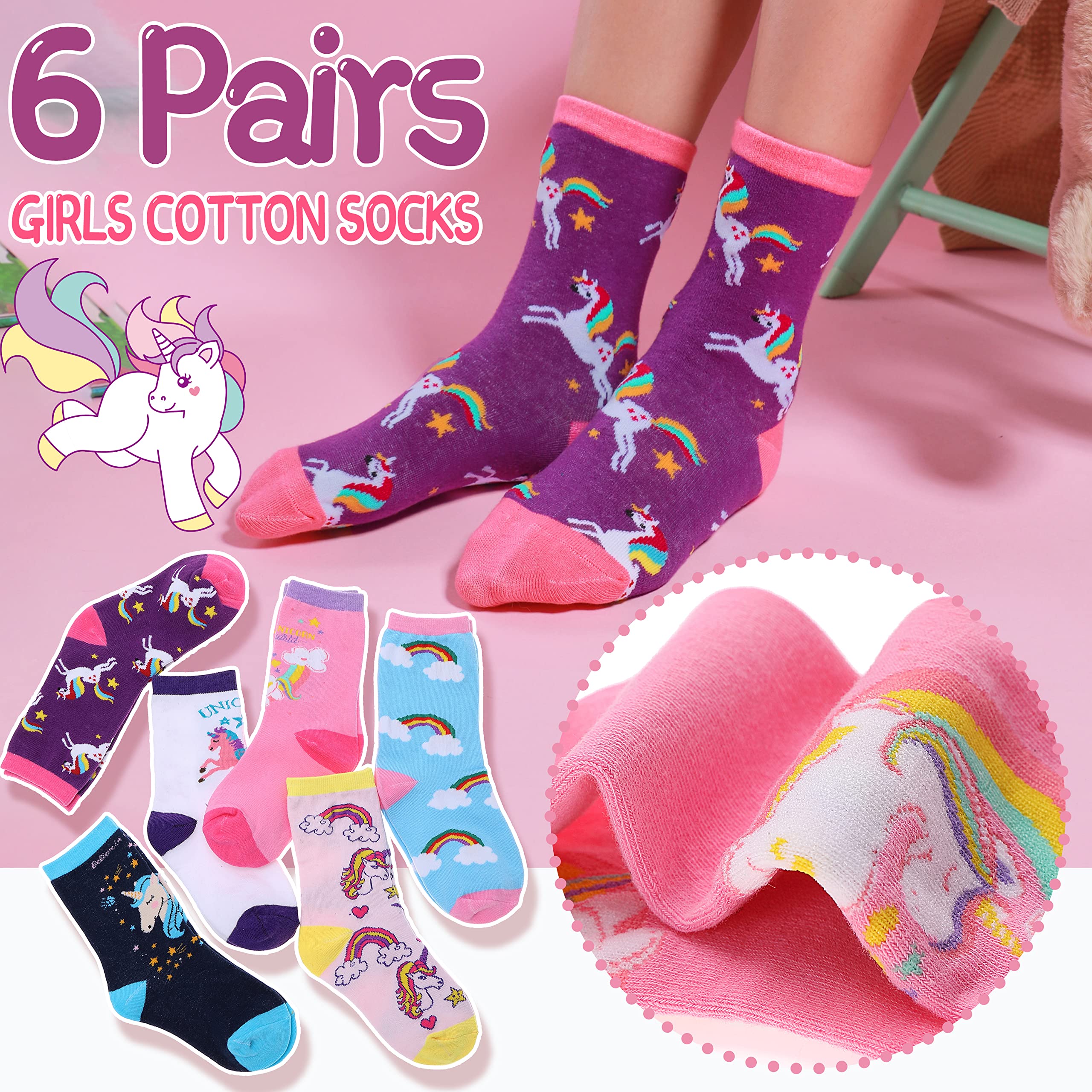 ANTSANG Children Cotton Crew Socks for Girl Kids Toddler Fashion Cute Cartoon Animal Socks 6 Pack