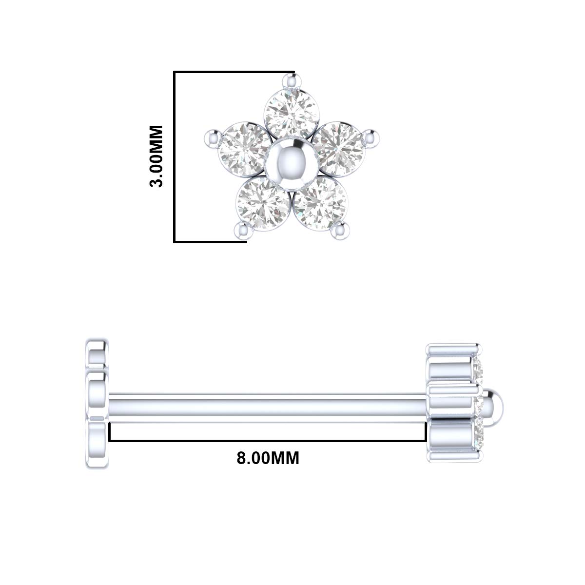 Demira Jewels Natural Diamond 14K White Gold 5-Stone Natural Diamond Flower Nose Pin, Lip Labret, Monroe Ring, Stud, Screw - 8mm Long, 16 Gauge