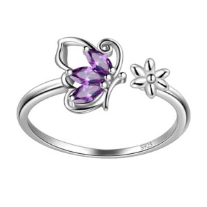 hipunk butterfly purple rings bands statement birthstone women 925 sterling silver februsry-amethyst birth stone animal butterflies adjust ring crystal birthday jewelry sr0002f