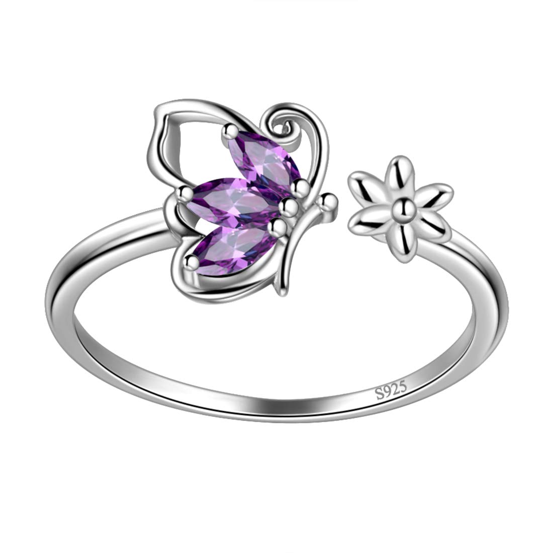 Hipunk Butterfly Purple Rings Bands Statement Birthstone Women 925 Sterling Silver Februsry-Amethyst Birth Stone Animal Butterflies Adjust Ring Crystal Birthday Jewelry SR0002F