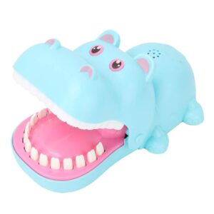 finger biting toys,cute cartoon hippo mouth pressing teeth relieve the pressure toy party daring challenge game funny toy for adults kids (blue)