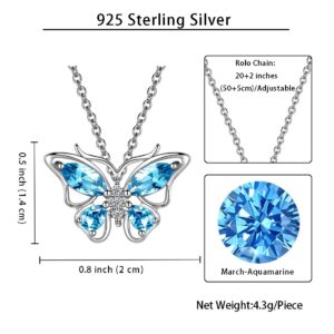 Hipunk Butterfly Blue Necklace Birthstone Women 925 Sterling Silver March-Auqamarine Birth Stone Animal Butterflies Pendant Crystal Birthday Jewelry SP0075M