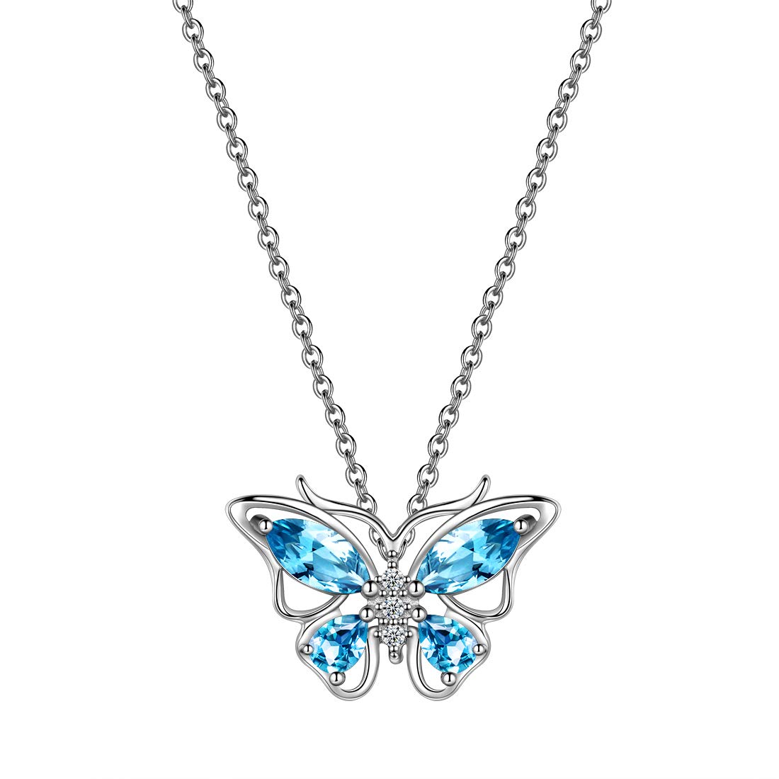 Hipunk Butterfly Blue Necklace Birthstone Women 925 Sterling Silver March-Auqamarine Birth Stone Animal Butterflies Pendant Crystal Birthday Jewelry SP0075M