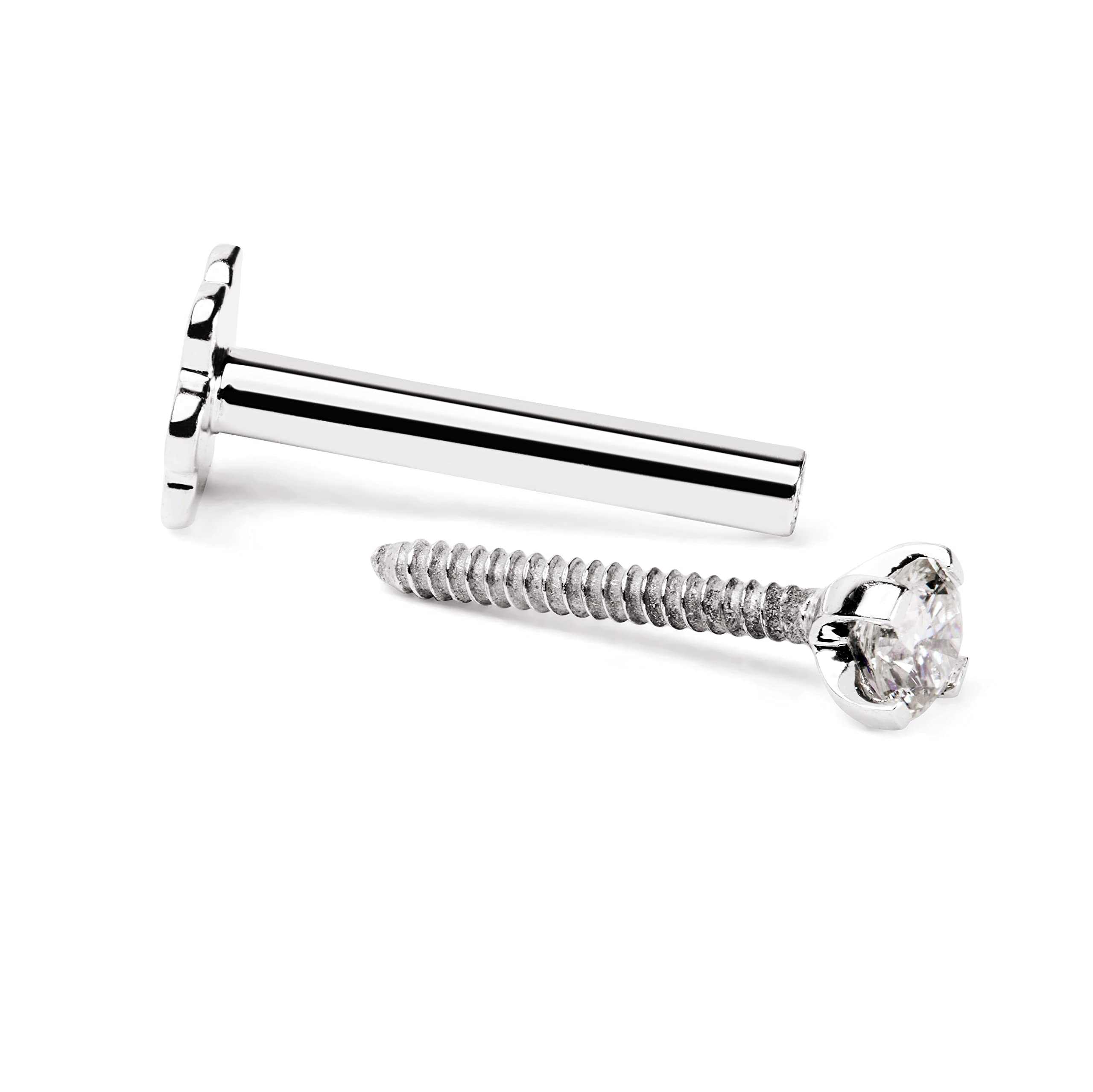 Demira Jewels 0.04 ct Real Diamond Nose Stud 14K White Gold Internally Threaded 8MM Long Screw Back HI Color