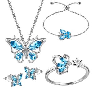 hipunk butterfly blue jewelry sets birthstone women 925 sterling silver march-auqamarine birth stone animal butterflies jewelry sets/earring/ring/bracelet set crystal birthday jewelry ss0003m