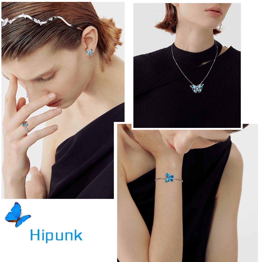 Hipunk Butterfly Blue Jewelry Sets Birthstone Women 925 Sterling Silver March-Auqamarine Birth Stone Animal Butterflies Jewelry Sets/Earring/Ring/Bracelet Set Crystal Birthday Jewelry SS0003M