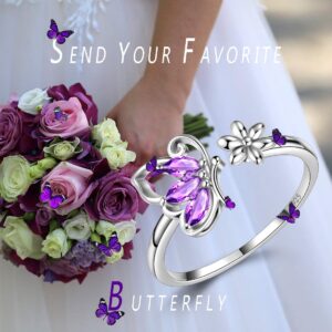 Hipunk Butterfly Purple Rings Bands Statement Birthstone Women 925 Sterling Silver Februsry-Amethyst Birth Stone Animal Butterflies Adjust Ring Crystal Birthday Jewelry SR0002F