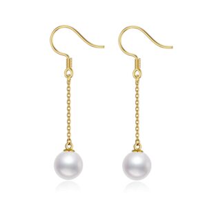 14k real gold drop pearl earrings for women, yellow gold 7mm freshwater cultured pearls threader dangle earrings anniversary jewelry gifts for her, wife, mom, sister