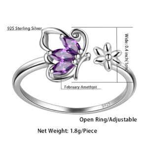 Hipunk Butterfly Purple Rings Bands Statement Birthstone Women 925 Sterling Silver Februsry-Amethyst Birth Stone Animal Butterflies Adjust Ring Crystal Birthday Jewelry SR0002F