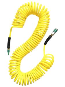 sanfu (pu) polyurethane recoil air hose 1/4”id x 50ft with bend restrictor,1/4” industrial steel quick coupler and plug, yellow(50’)