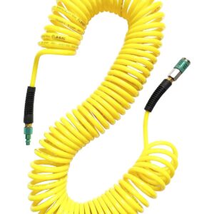 SANFU (PU) Polyurethane Recoil Air Hose 1/4”ID x 50ft with Bend Restrictor,1/4” Industrial Steel Quick Coupler and Plug, Yellow(50’)