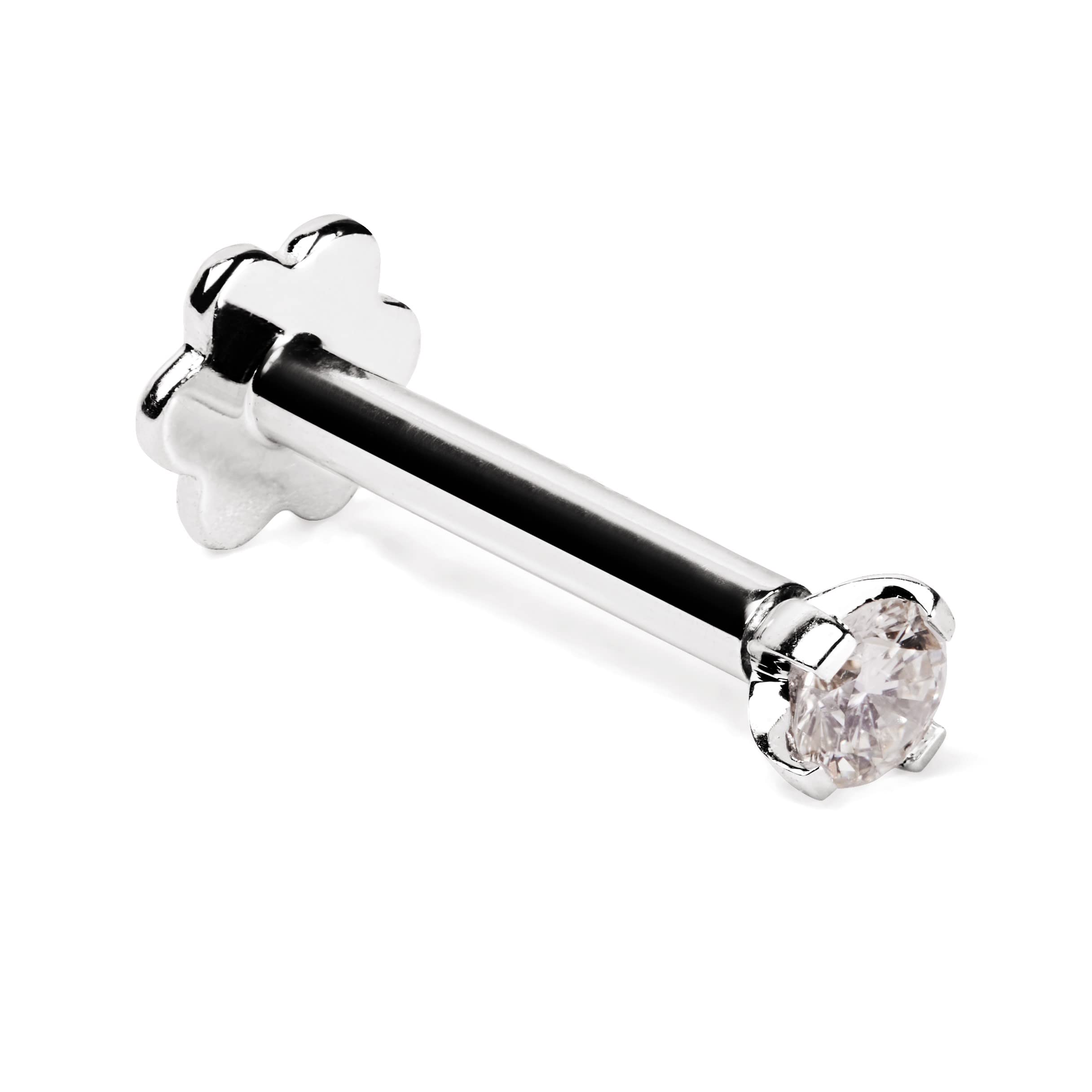 Demira Jewels 0.04 ct Real Diamond Nose Stud 14K White Gold Internally Threaded 8MM Long Screw Back HI Color