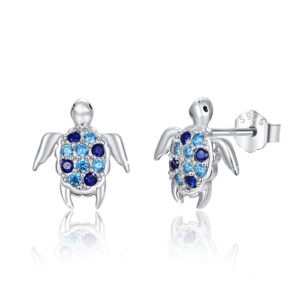 925 sterling silver turtle studs earrings with graduated blue cubic zirconia, sea tortoise nautical jewelry mother day for women mom wife girlfriend with box