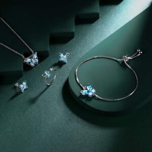 Hipunk Butterfly Blue Jewelry Sets Birthstone Women 925 Sterling Silver March-Auqamarine Birth Stone Animal Butterflies Jewelry Sets/Earring/Ring/Bracelet Set Crystal Birthday Jewelry SS0003M