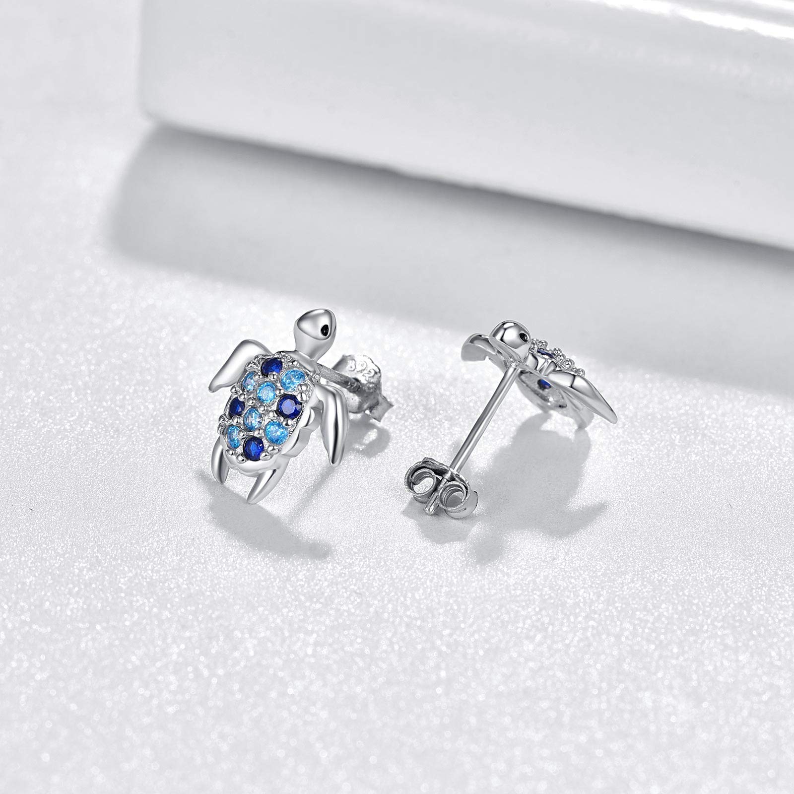 925 Sterling Silver Turtle Studs Earrings with Graduated Blue Cubic Zirconia, Sea Tortoise Nautical Jewelry Mother Day for Women Mom Wife Girlfriend with Box