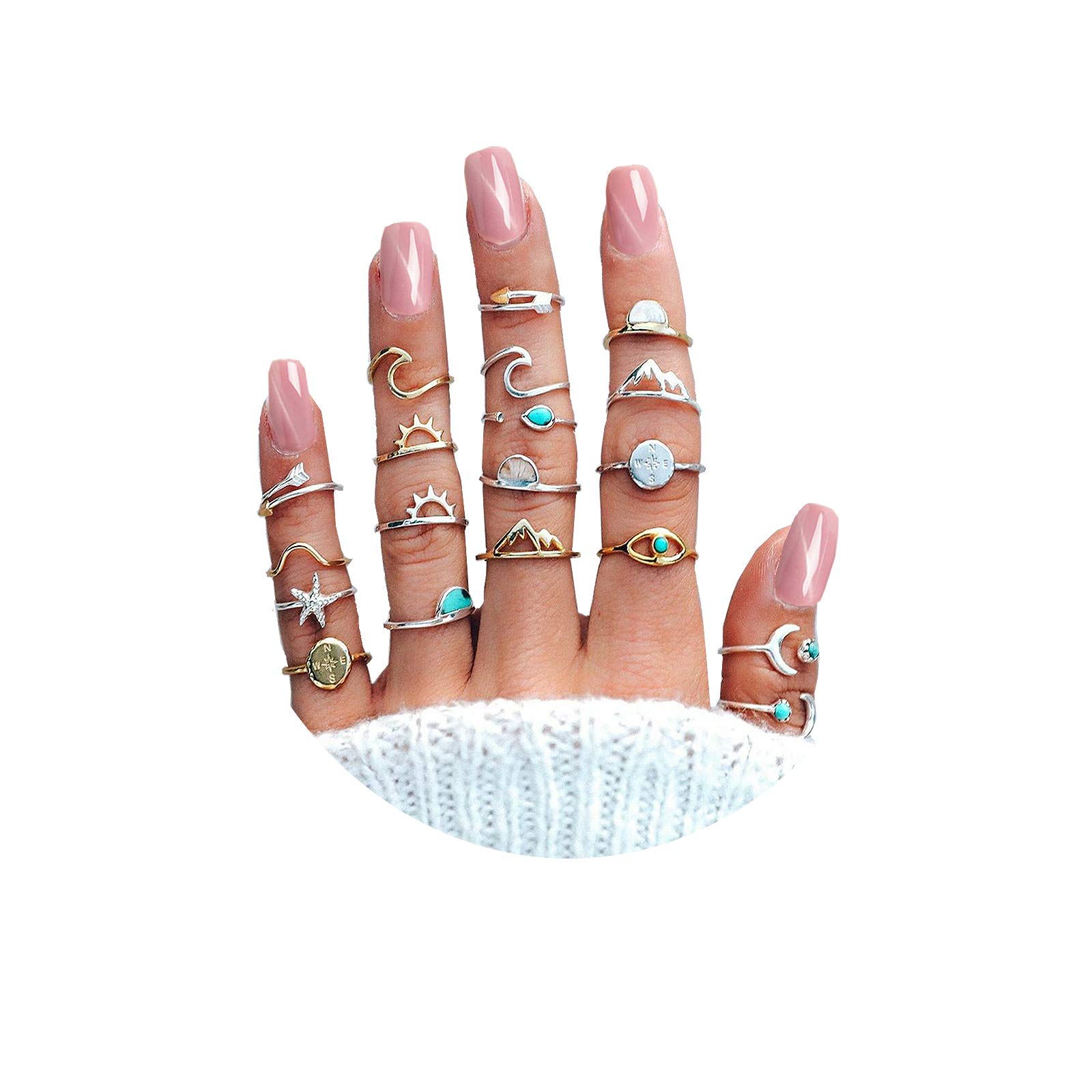 FUTIMELY 19PCS Boho Turquoise Knuckle Stacking Rings for Women Vintage Stackable Star Moon Wave Peak Sea Rhinestone Joint Midi Finger Rings Set